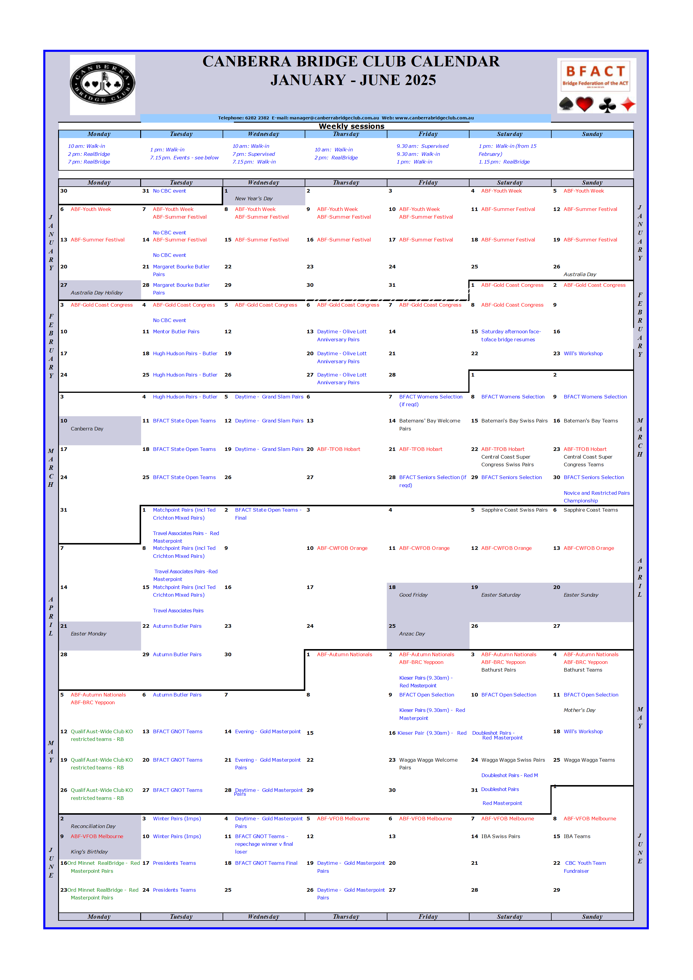Canberra Bridge Club - Calendar 2025